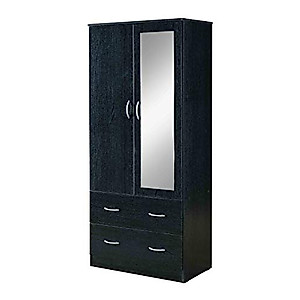 Hodedah Two Door Wardrobe with Two Drawers and Hanging Rod plus Mirror, Black
