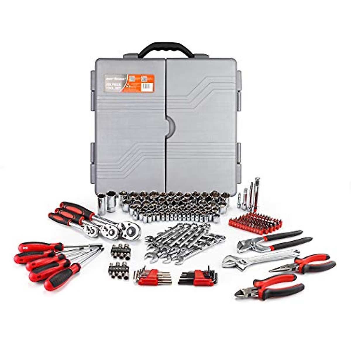 CARTMAN 205 Piece Tool Set Ratchet Wrench with Sockets Kit in Plastic Toolbox Red