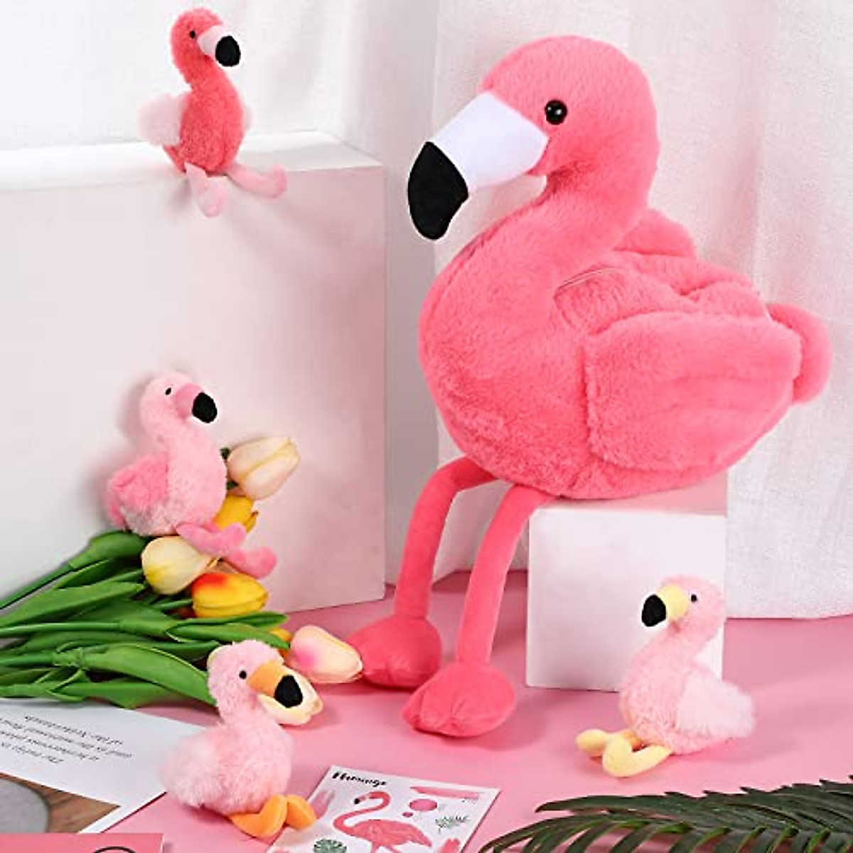 Skylety 18 Inches Flamingo Stuffed Animal with 4 Babies Flamingo Plush Toys Inside Zippered Tummy Pink Mommy Flamingo Toy Stuffed Animals for Birthday Party Decorations