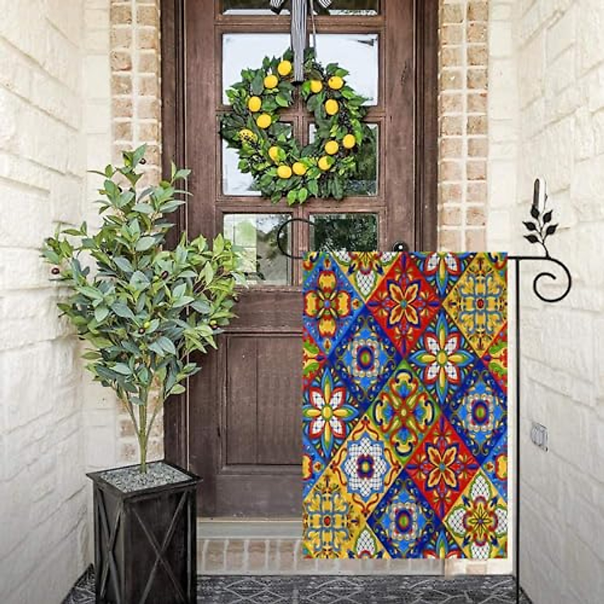 Double-sided garden flag Mexican Talavera Ceramic Tile Outdoor Flag Garden Flag Yard Outdoor Decoration （12×18in）.