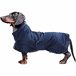 Dachshund Coats Waterproof, Perfect for Dachshunds, Sausage, Weiner Dog Winter Coat with Padded Fleece, Puppy Snowsuit with Adjustable Bands and High Vis Reflective Trim - Navy - XS