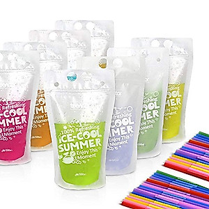 Teenitor 100 Drink Pouches Bags with 100 Disposable Plastic Straws, Smoothies Protein Shakes Juices Drink Bags Bags, Stand up Drink Container Non-Toxic16oz