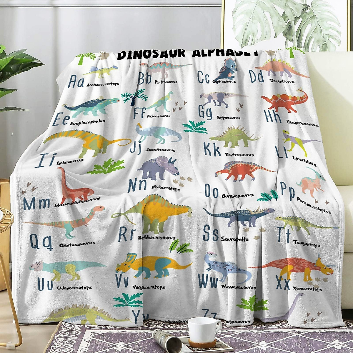 Dinosaur Alphabet Baby Blanket Gifts for Girls Boys, Jurassic Dino Decor Plush Soft Lightweight Flannel Fleece Swaddle Blanket for Newborn Receiving Blanket for Nursery Stroller Kids 40x30In Toddler