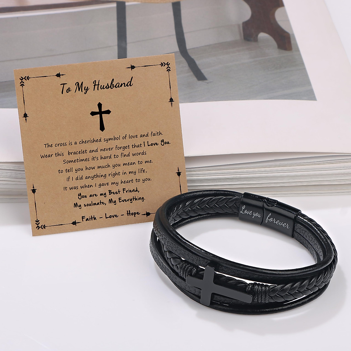 Bracelet for Husband Multi-layer Braided Leather Cuff Bangle Bracelet Wristband Gifts from Wife Handmade Cross Wrist Band Cuff Bangle Bracelet for Him Anniversary Birthday Christmas Gifts for Men 8.5 Inches