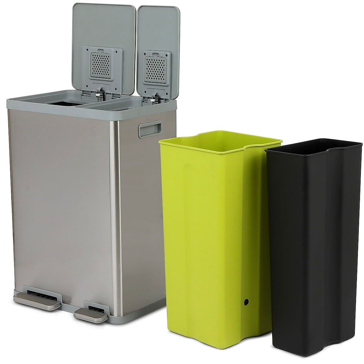 SIMPLI-MAGIC 60 Liter / 16 Gallon Rectangular Hands-Free Dual Compartment Recycling Kitchen Step Trash Can with Soft-Close Lid, Brushed Stainless Steel (38L x 22L Capacity)