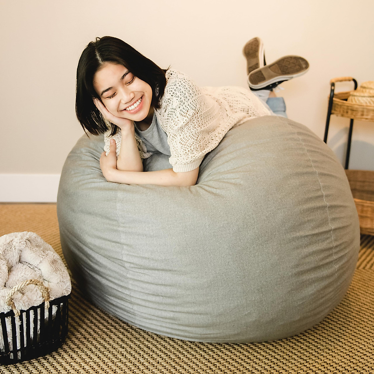 Big Joe Fuf Medium Foam Filled Bean Bag Chair with Removable Cover, Fog Lenox, Durable Woven Polyester, 3 feet Big