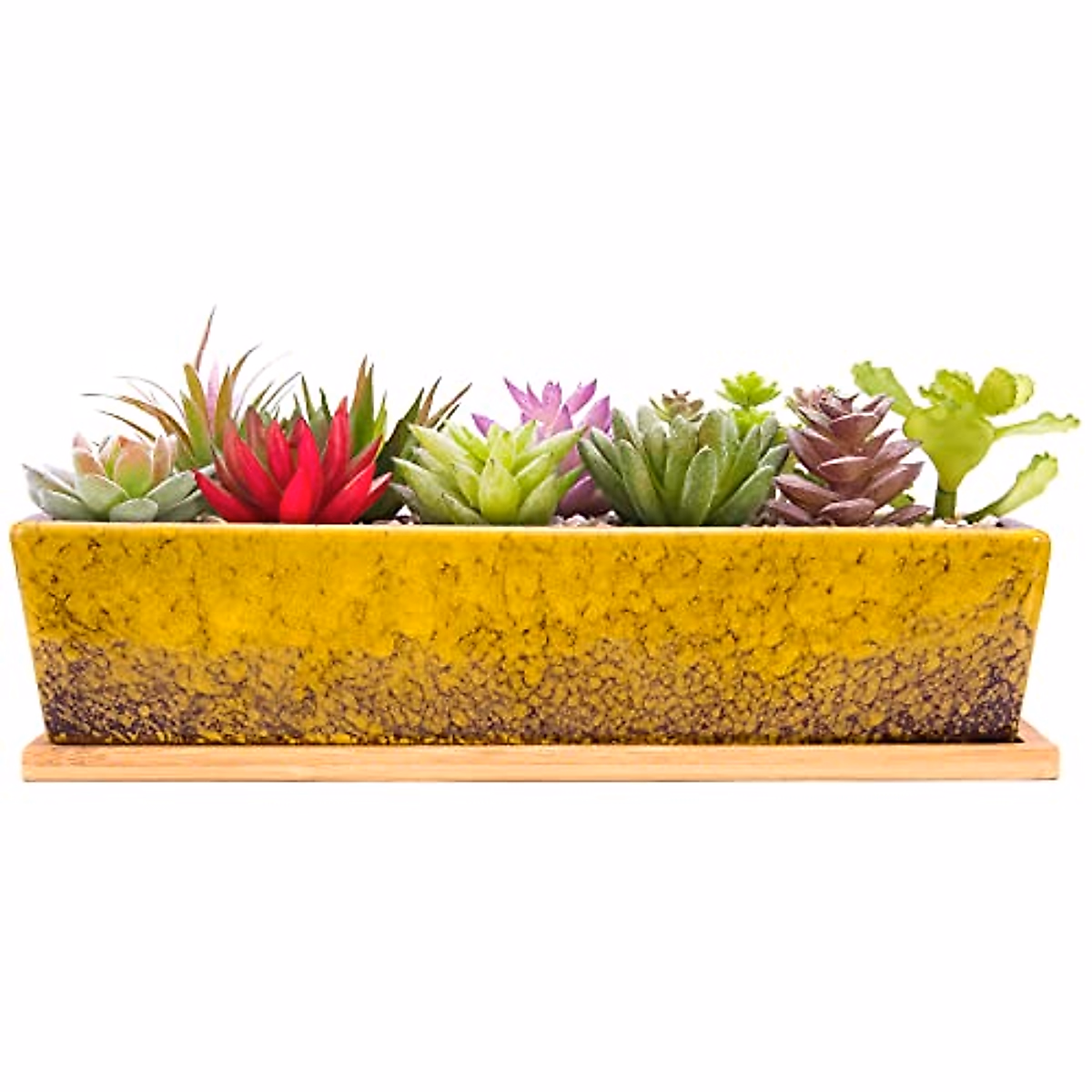 ARTKETTY Succulent Pots - 12.1 Inch Large Succulent Planters Pots with Drainage Tray, Long Rectangle Ceramic Pots for Indoor Cactus/Succulent Plants Shallow Bonsai Window Box for Home Garden Decor