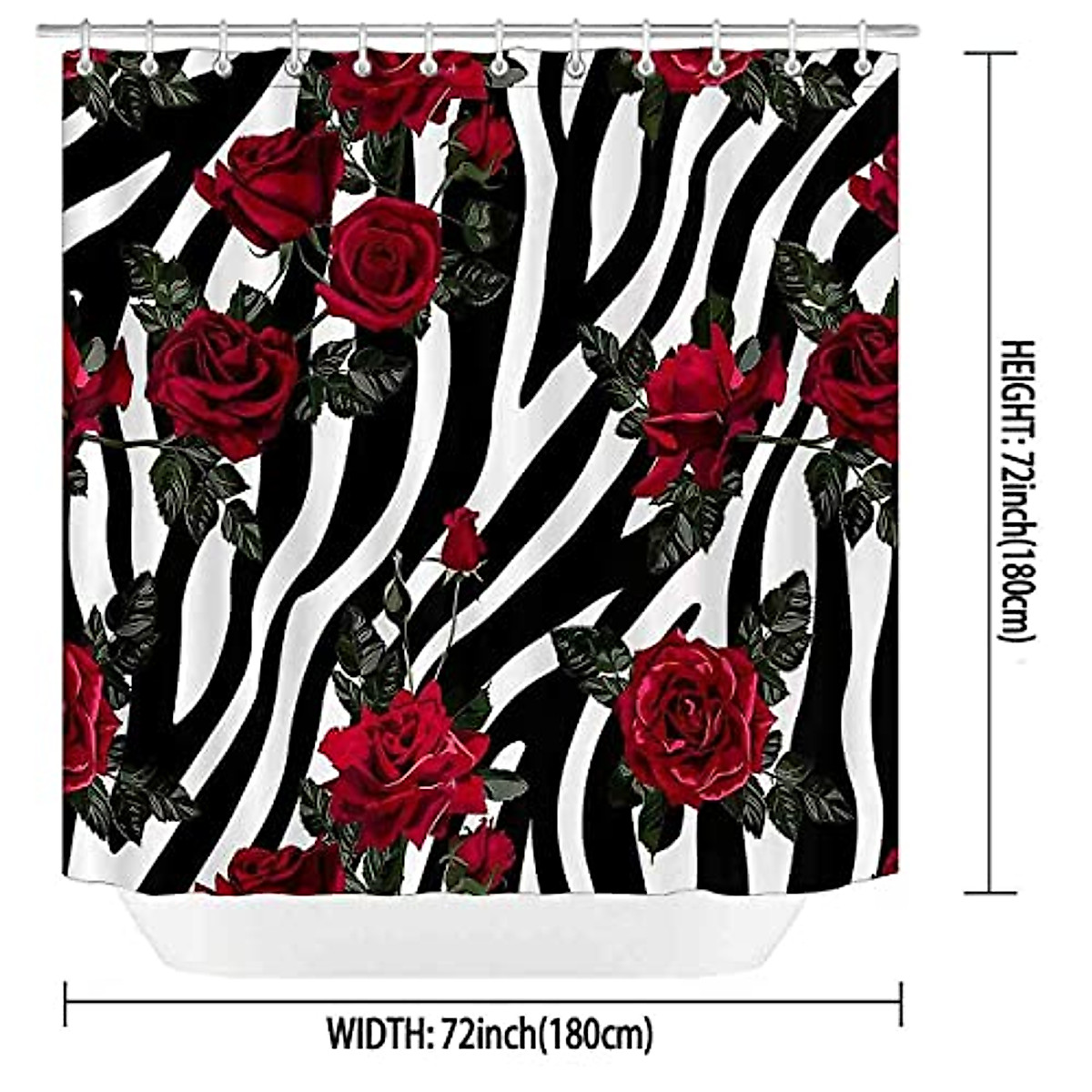 Dia Magico 4PCS Zebra Print Shower Curtain Set, Romantic Red Rose Floral Botanical Black and White Stripes Wildlife Safari Animal Skin Modern Bathroom Decor Fabric Shower Curtain, Non-Slip Bath Mat