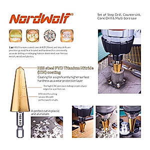 NordWolf 12-Piece HSS Titanium Metric Step, Countersink, Cone Drills with 1/4" Hex Shank, Multi Drill Saw & Automatic Center Punch Combination Set in Storage Case