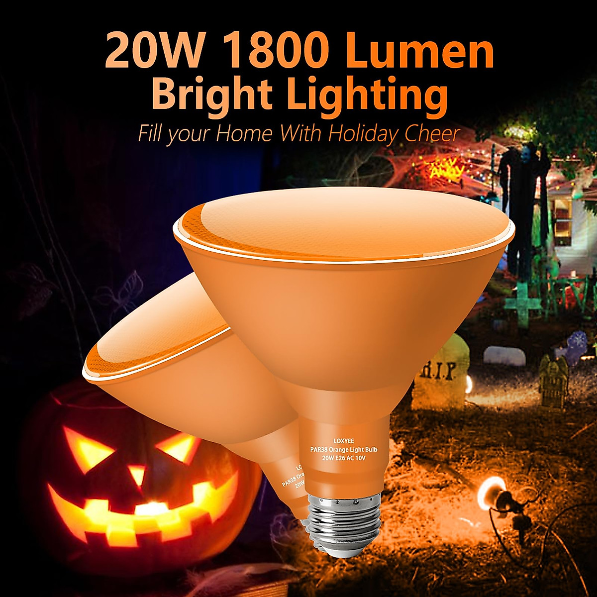 LOXYEE PAR38 Flood Orange Light Bulb,2 Pack-Dimmable,E26 Base Orange Flood Light Outoor(20W Replace to 200W),Orange Light Bulb for Outside,Halleween,Orange Decor,Christmas,Holiday Lighting.