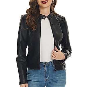Fahsyee Black Faux Leather Jackets for Women Zip Up Motorcycle Short PU Moto Biker Outwear Fitted Slim Coat Size XL