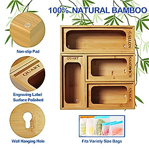 Bamboo Ziplock Bag Storage Organizer for Kitchen Drawer, Plastic Food Bags Organizer Removable Front, Compatible with Ziploc, Solimo, Hefty Baggie Dispenser Holder for Gallon,Quart,Sandwich Slider Bag