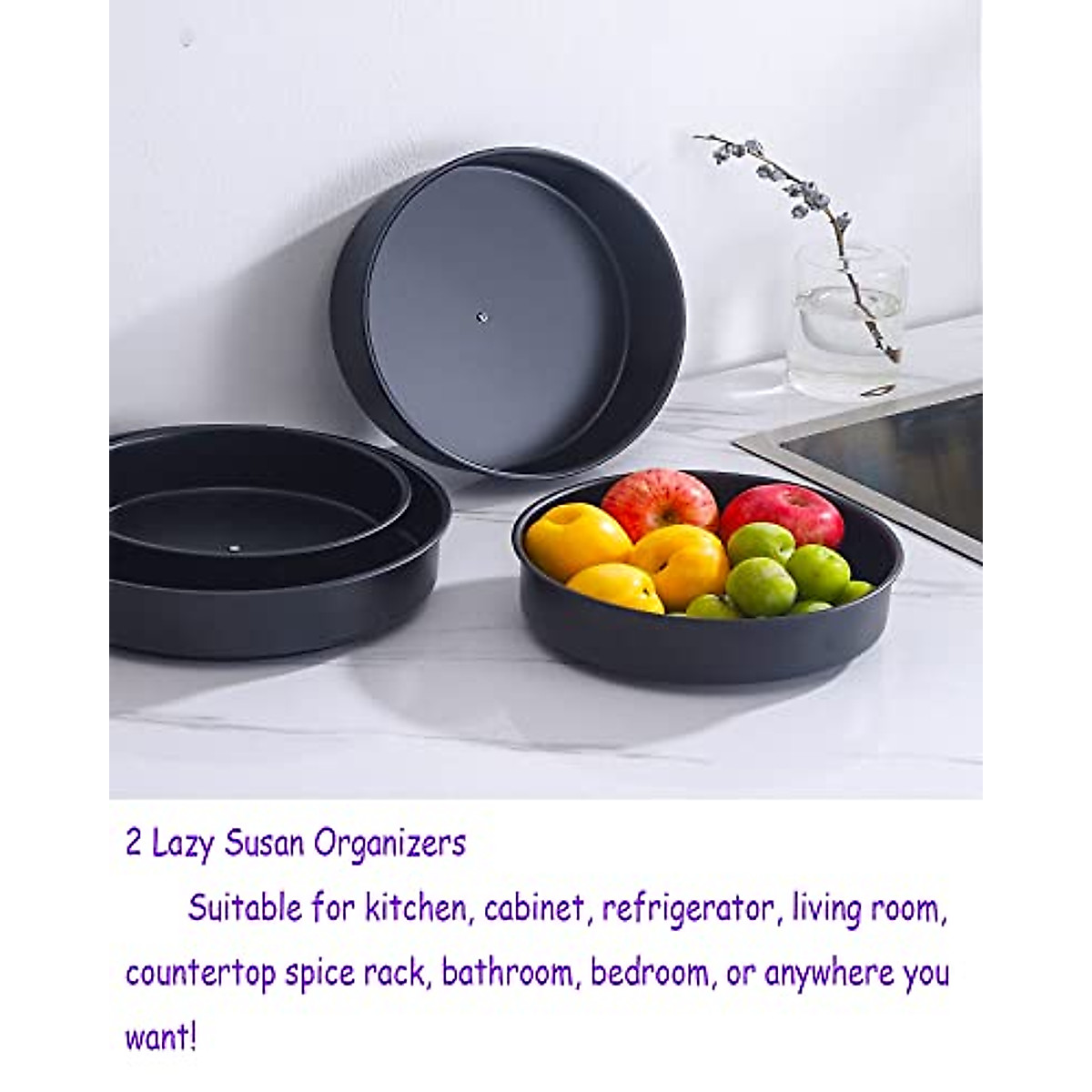 2 Pack Lazy Susan Organizers, Stainless Metal Sturdy Spice Rack with Turntable, Rotate Lazy Susan Seasoning Rack for Kitchen Pantry Cabinet Fridge Table Bathroom （10&8 Inch） Black