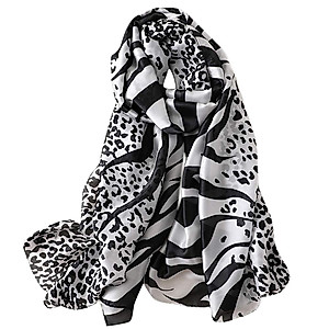 GERINLY Animal Print Shawl Wraps Zebra & Leopard Pattern Silky Scarf for Women Fashion Print Accessory (Black)