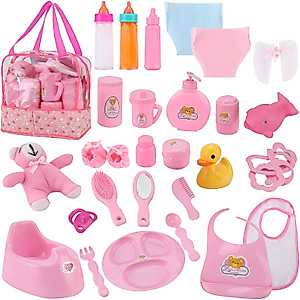 28 PCS Baby Doll Accessories Complete Car Set - Doll Feeding Pretend Playset for Kids, Girls with Magic Milk Bottles in a Storage Bag