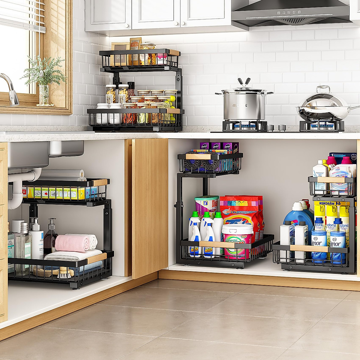 PXRACK 2 PACK Under Sink Organizer,Adjustable Height,2 Tier Pull Out Under Cabinet Organizer,Thickened Metal Shelf,Slide Out Under Sink Storage for Kitchen Bathroom Cabinet Laundry