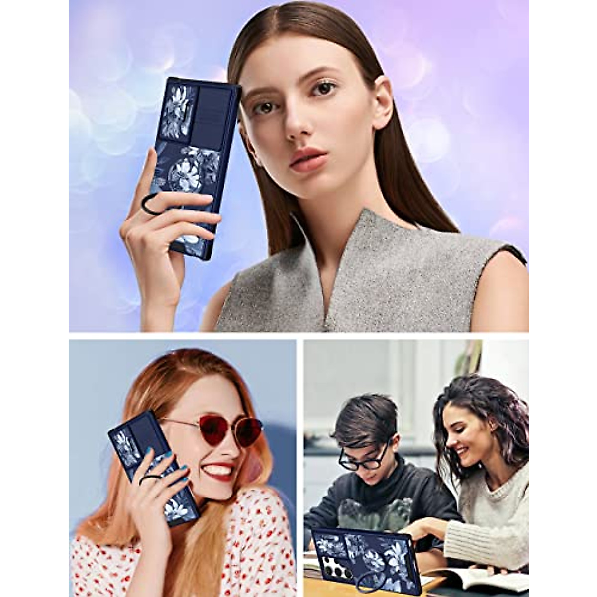 Goocrux (2in1 for Samsung Galaxy S23 Ultra Case Floral for Women Girls Flowers Girly Phone Cover Cute Flower Design with Slide Camera Cover+Ring Holder Blue Plants Cases for S23 Ultra 5G 2023 6.8''