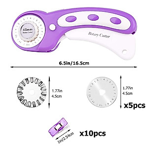 45mm Fabric Cutter Set, Rotary Cutter Tool Kit with 6 Replacement Rotary Blades, Quilting Rotary Cutter with Safety Lock Ergonomic Classic Comfort Loop for Crafting Sewing Quilting (Purple)