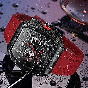 AIMES Watches for Men Fashion Hollow Tonneau Large Face Watches for Men Rectangle Luxury Work Big Dial Mens Watches Cool Analog Quartz Luminous Waterproof Wrist Watch Red Silicon Strap Dress Watch