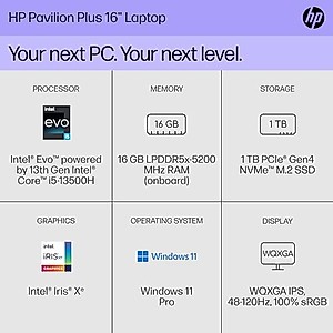 HP Pavilion Plus 16 inch Laptop, WQXGA Display, Intel Evo Powered by 13th Generation Intel Core i5-13500H, 16 GB RAM, 1 TB SSD, Intel Iris Xe Graphics, Windows 11 Pro, 16-ab0000nr (2023)