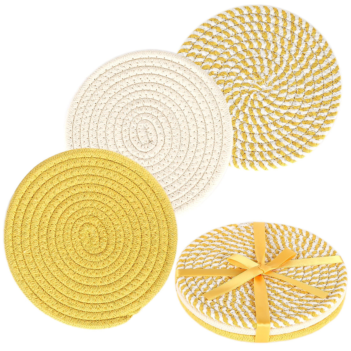 KAKAMAY Pot Holders for Kitchen Trivet Set 100% Cotton Thread Weave(Set of 3),Hot Pads for Kitchen Trivets for Hot Dishes Hot Pots and Pans by Diameter 7 Inch Yellow