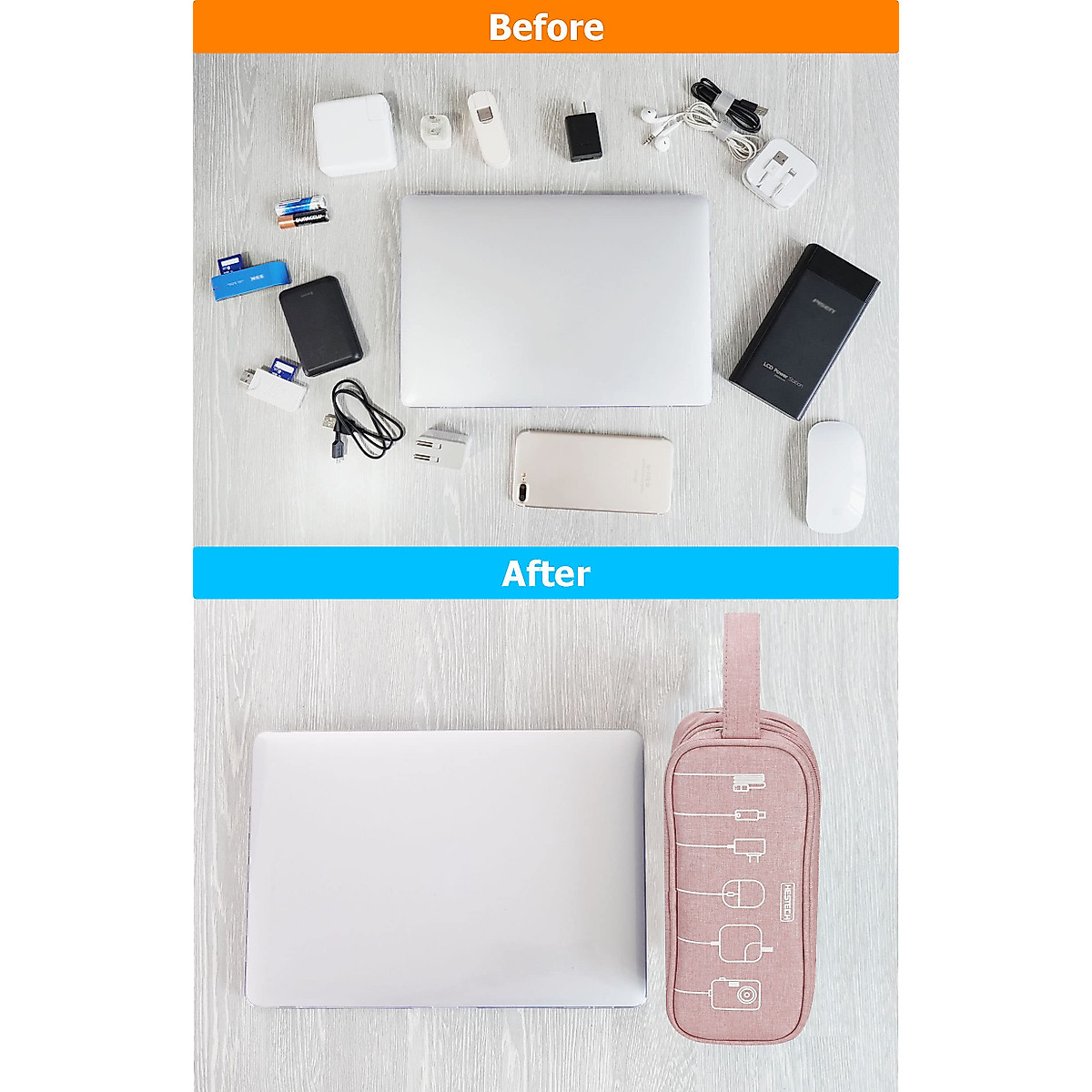 HESTECH Electronic Organizer Travel Case Cord Organizer Traveling Bag Tech Organizer Pouch for Charging Data Cable,Charger,Phone,Power Bank,Mouse,USB Flash Drive,Earphone,Pink with 5PCS Cables Ties