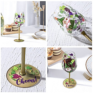 NymphFable Hand Painted Wine Glass 15oz Green Vines Purple Grapes Cocktail Glasses Birthday Wine Gifts for Wine Lover