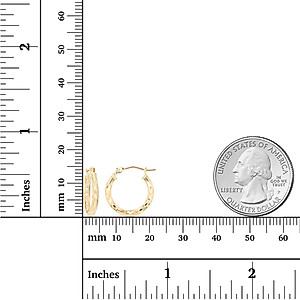 Solid 14K Yellow Gold Diamond Star Cut Hoop Earrings with Hinged Clasp | 2x15mm Hoop | Hypoallergenic Hoops For Sensitive Ears | Round Star Diamond Cut Earrings For Women