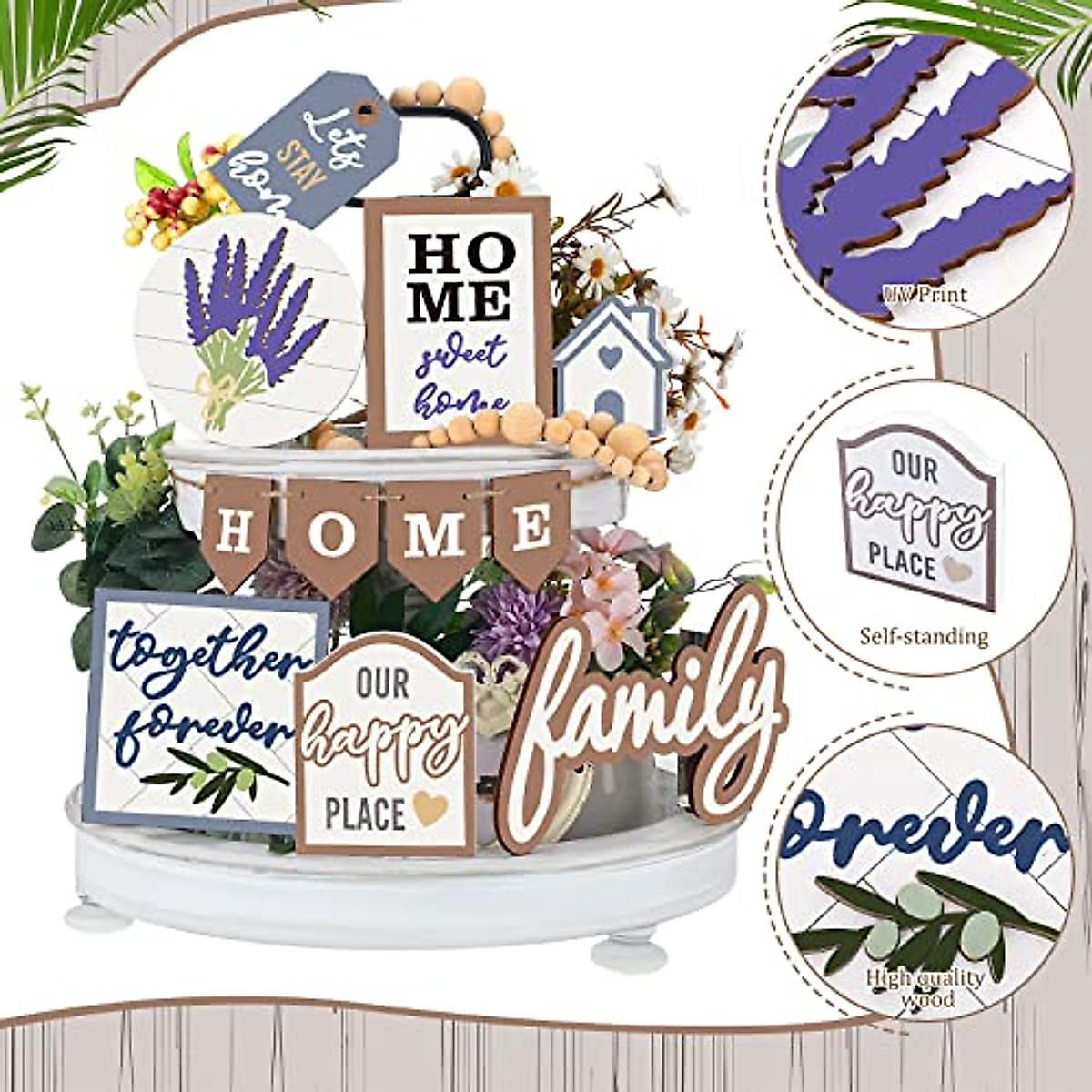 11 Pieces Home Family Tiered Tray Decor Set Wooden Shelf Tier Tray Sign Home Farmhouse Rustic Layered Pallets Decorations Wood Tiered Tray for Home Indoor Decor (Family Style)