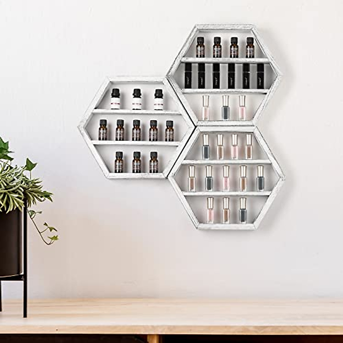 Essential Oils Storage Shelf Wall Mounted Rustic Nail Polish Rack Organizer Wood Farmhouse Hexagonal Floating Shelves for Bathroom Bedroom Living Room Office, Rustic White