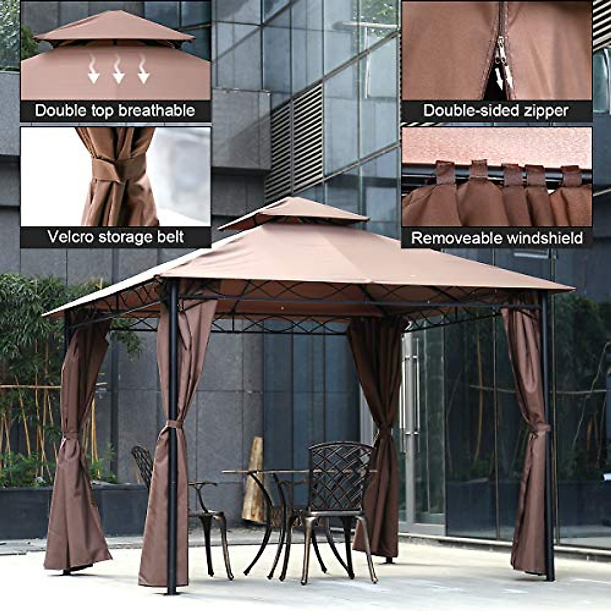 10' X 10' Gazebo Canopy Tent Outdoor Gazebo for Patios with Sidewall and Fabric,Large Party Tent,Metal Frame Water Resistant Wedding Tent,UV Block Sun Shade for Garden Backyard Lawns Deck,Brown