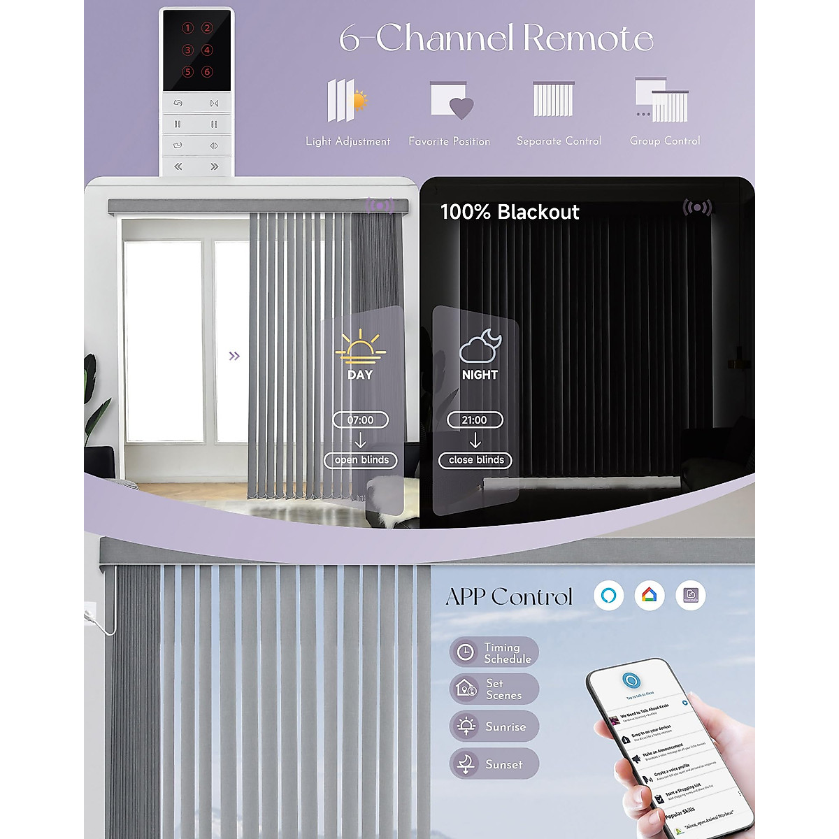 Graywind Motorized Vertical Blinds Compatible with Alexa Google Privacy Blackout Smart Vertical Blind Remote Control Track Slats Set for Patio Sliding Glass Doors, Width Up to 157", Light Grey