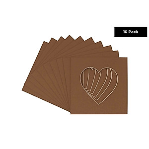 CountryArtHouse Aged Oak Brown Acid Free 8x8 Heart Picture Frame Mat with White Core Bevel Cut for 4x4 Pictures - Fits 8x8 Frame - Pack of 10 Matboard Show Kits with Acid Free Backings & Clear Bags