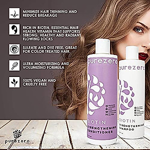 Purezero Biotin Shampoo & Conditioner set - Anti Thinning Formula - Volumizing, Thicker, Fuller Hair - Zero Sulfates, Parabens, Dyes, Gluten - 100% Vegan & Cruelty Free - Great For Color Treated Hair