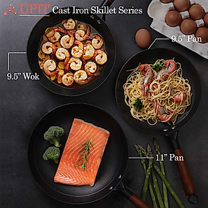 UPIT Master Preseasoned Cast Iron Skillet, Nonstick Rustproof Lightweight Pan with Wooden Handle, 9.5 inches
