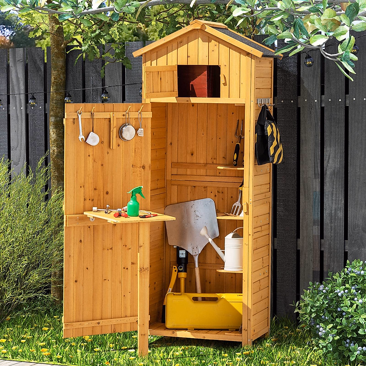 IRONMAX Outdoor Wooden Storage Shed, 71 Inches Outside Vertical Tool Storage Cabinet w/Folding Table & Removable Shelves, Tall Wood Garden Shed for Patio, Deck, Backyard, Lawn