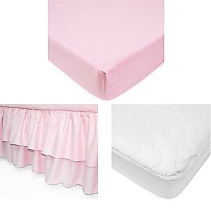 American Baby Company Double Layer Ruffled Crib Skirt Waterproof Mattress Pad Cover and Microfiber Fitted Crib Sheet Bundle, Pink, for Girls