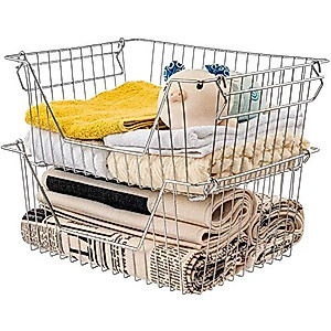 blitzlabs Stackable Wire Storage Baskets Fruit Vegetable Wire Organizing Organization Pantry Cabinet Metal Bin for Counter Bathroom Shelves Storage for Kitchen, Pantry, Freezer, Cabinet Set of 4