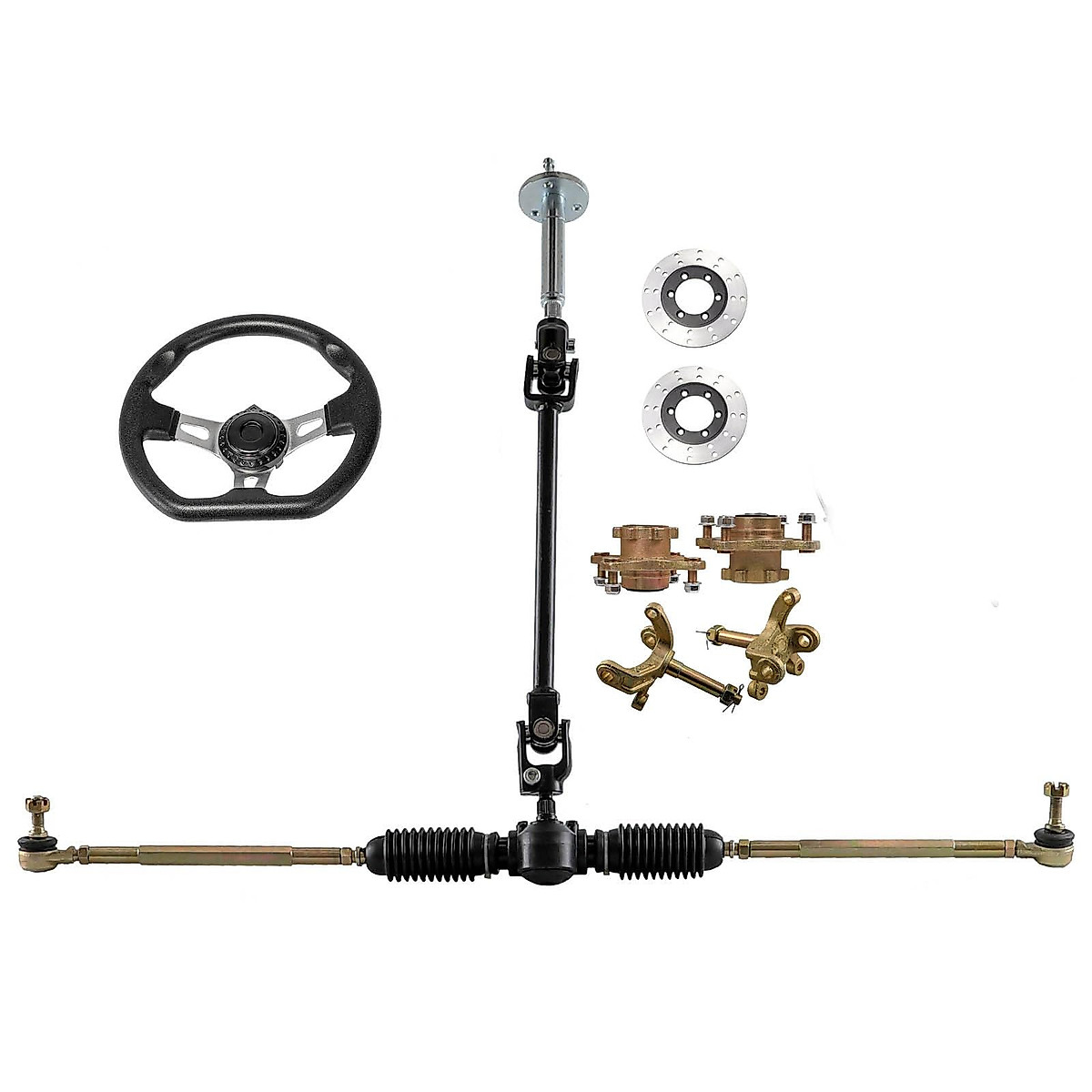 YC Yier Front Steering Wheel Tie Rod Kit Gear Rack Pinion Shaft & 4 Lug Wheel Hub Steering Knuckle & Brake Disc Rotor DIY Parts for Go Kart Go Cart Golf Cart ATV Quad Buggy Mini Bike Trike