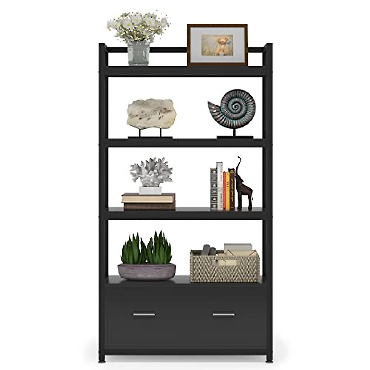 LITTLE TREE Freestanding Lateral File Cabinet with Drawer, Filiing Cabients with Shelves, Black