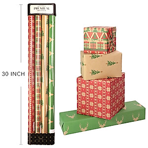 LaRibbons Kraft Christmas Wrapping Paper Set, 30 Inch X 10 Feet (4 Rolls: 100 Sq. Ft. Ttl) Snowflake, Green Tree, Deer Antlers and Gift Box Shapes Design for Xmas, Party, Holiday, Celebration