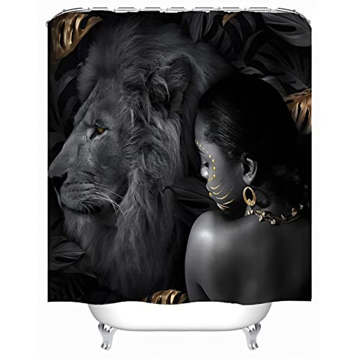 hipaopao African Woman and Lion Grey Shower Curtain Set with Non-Slip Rugs and Toilet Lid Cover Wildlife Safari Theme Fabric Shower Curtain Bathroom Decor with Hooks Waterproof Washable 72" x 72''