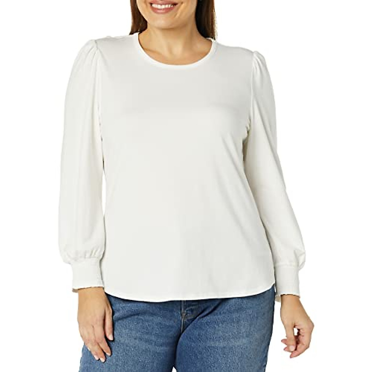 Amazon Essentials Women's Long-Sleeve Crewneck Smocked Cuff T-Shirt, White, Small