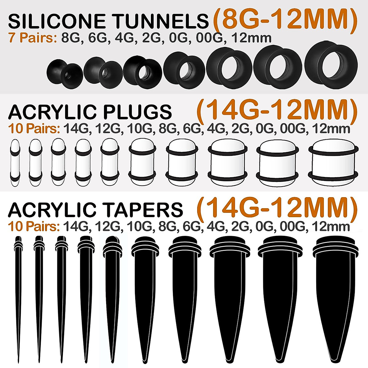 BodyJ4You 54PC Ear Stretching Kit 14G-12mm - Aftercare Jojoba Oil - Black Acrylic Plugs Gauge Tapers Silicone Tunnels - Lightweight Expanders Men Women