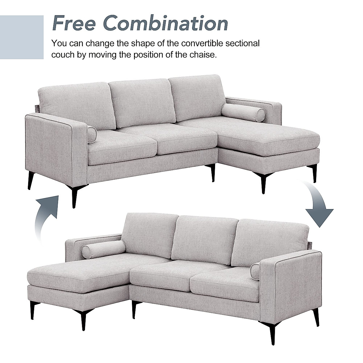 Prohon 86" L Shaped Modern Chenille Convertible Sectional Reversible Chaise Lounge and 2 Round Pillows, 4-Seat Couches Upholstered Small Space Sofas for Living Room, Apartment,Grey