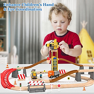 Giant bean 72PCS Tower Crane Wooden Train Set, Toy Battery Operated Train Track for Boys and Girls 3-7, Fit Thomas The Train, Brio, Melissa & Doug