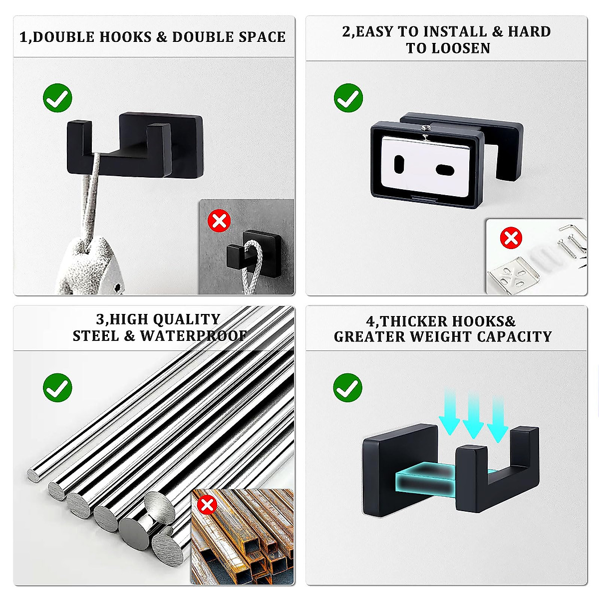 4 Pack Bath Double Towel Hook, 304 Stainless Steel Square Matte Black Coat & Robe Hook, Wall Mounted Heavy Duty and Rustproof Double Coat Hook for Robe, Bath Towel, Coat