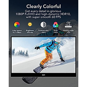 ESR Portable Monitor for Laptop, Slim 15.6 Inch 1080P External Monitor with Adjustable Stand, Travel Monitor, Landscape and Portrait View, Portable Screen for Laptop/Mac/Tablet/Phone/Switch, Silver