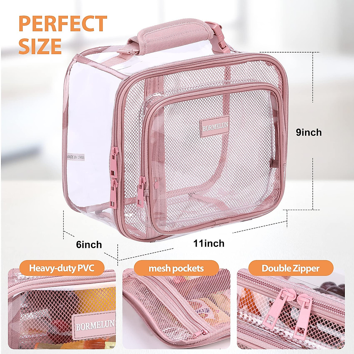 BORMELUN ® Large Pink Clear Lunch Bags for Girls,See Through Plastic Lunch Box，Tote Handle for Women,Office,School Picnic(11x9x6 inches)