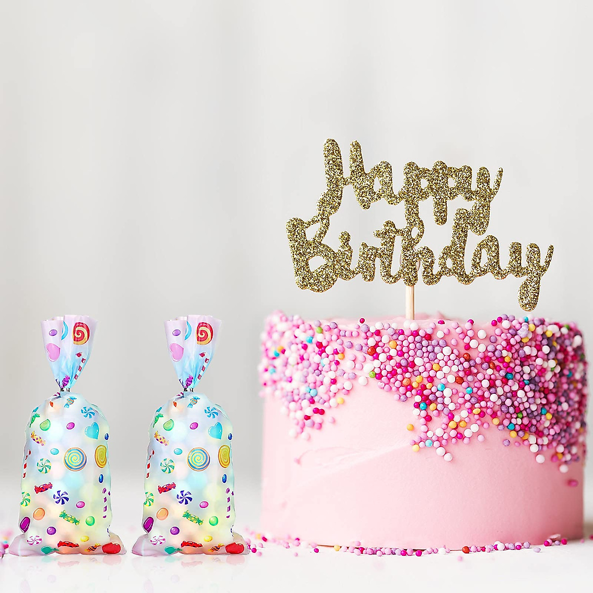 Outus 100 Pieces Cellophane Treat Bags Candy Bags Cand Lollipop Pattern Cello Bags with 150 Pieces Silvery Twist Ties for Chocolate Candy Snacks Cookies Birthday Party Favors, 11 x 5 Inches